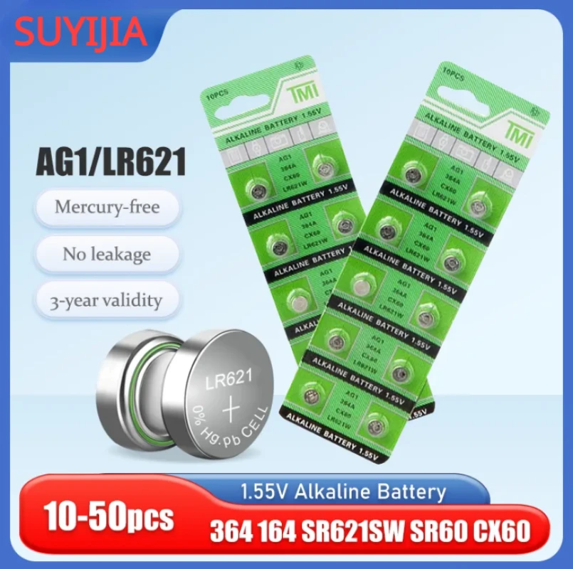 SUYIJIA 10Pcs Watch Battery AG1 1.55V 364 SR621SW LR621 621 LR60 CX60 ...
