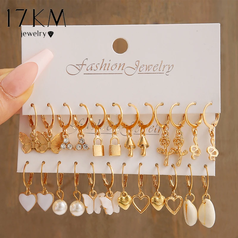 17km Heart Pearl Dangle Earrings Set Metal Gold Color Butterfly Locks Earrings For Women Shell ...