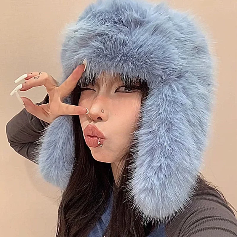 Fashion Women Plush Fluffy Bomber Hats Y2K Blue Imitation Marten Fur ...