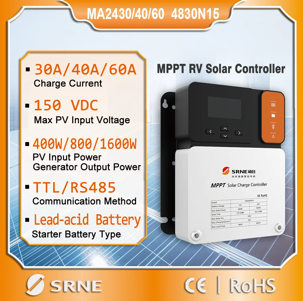 SRNE MA Series MPPT PV Max Input 150V 30A 40A 60A RV Solar Charge Controller PV Regulator 12V ...