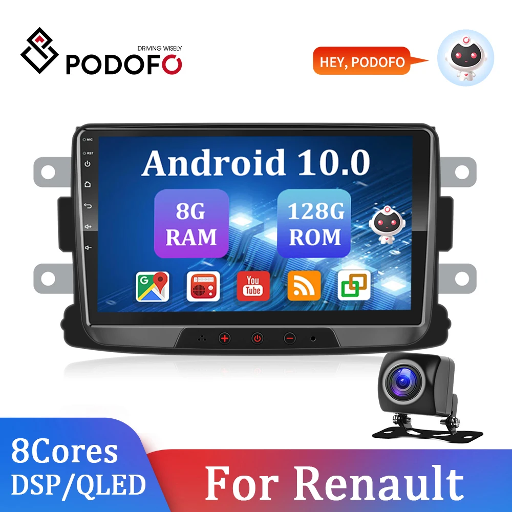 Podofo android 10 rádio do carro 8g + 128g wifi 4g 8 núcleos ai voz carplay gps 8 Polegada 2 din ...
