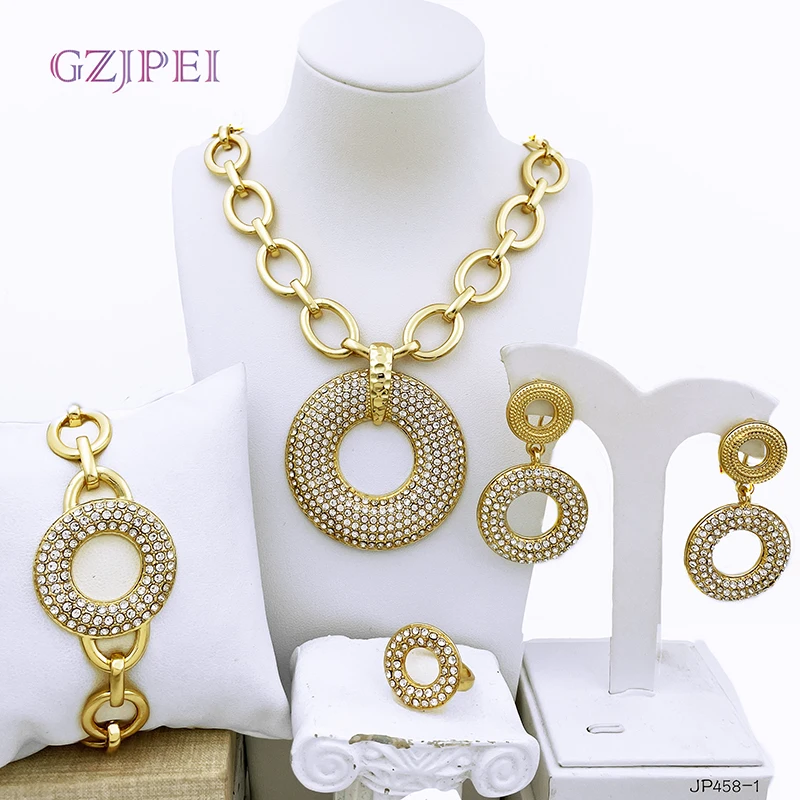 Gold Color Jewelry Sets For Women Round Pendant Necklace Set Designed ...