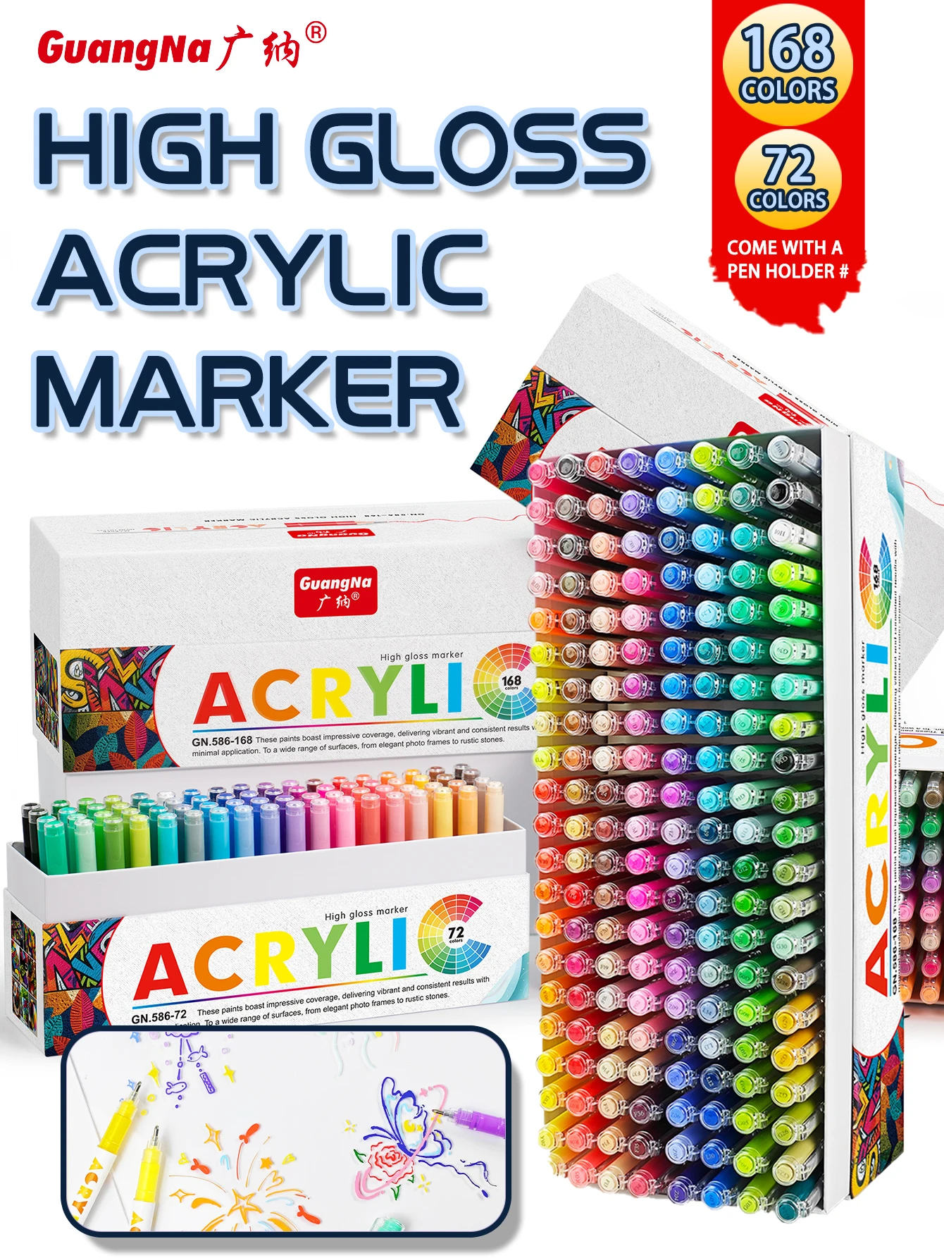 168/72/12 Colors GuangNa High Gloss Acrylic Marker Pens,DIY Hand Drawn ...