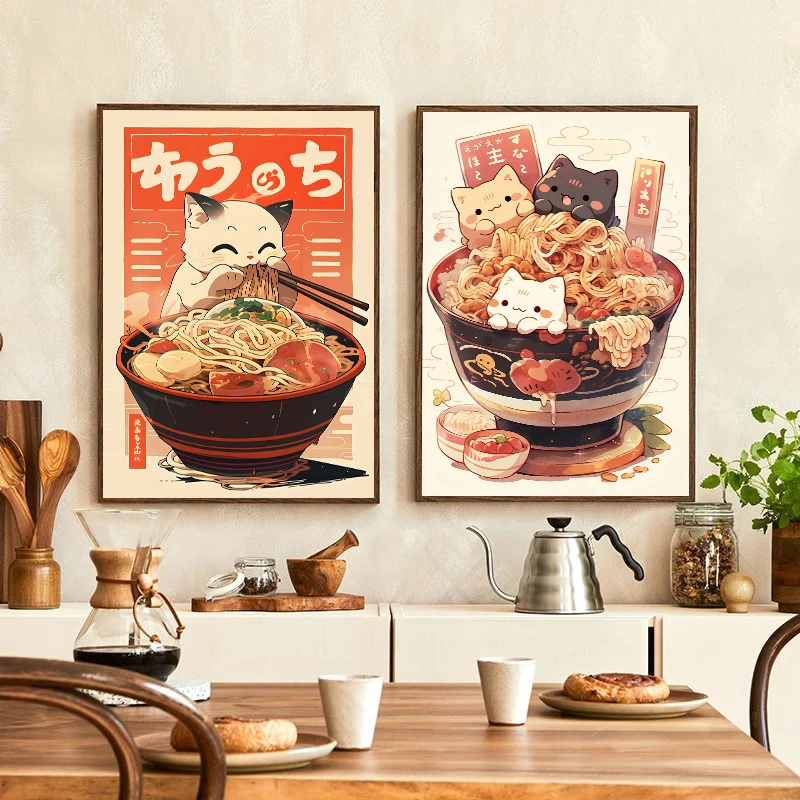 Kawaii Japanese Ramen Animal Cats Posters Canvas Paintings and Prints ...