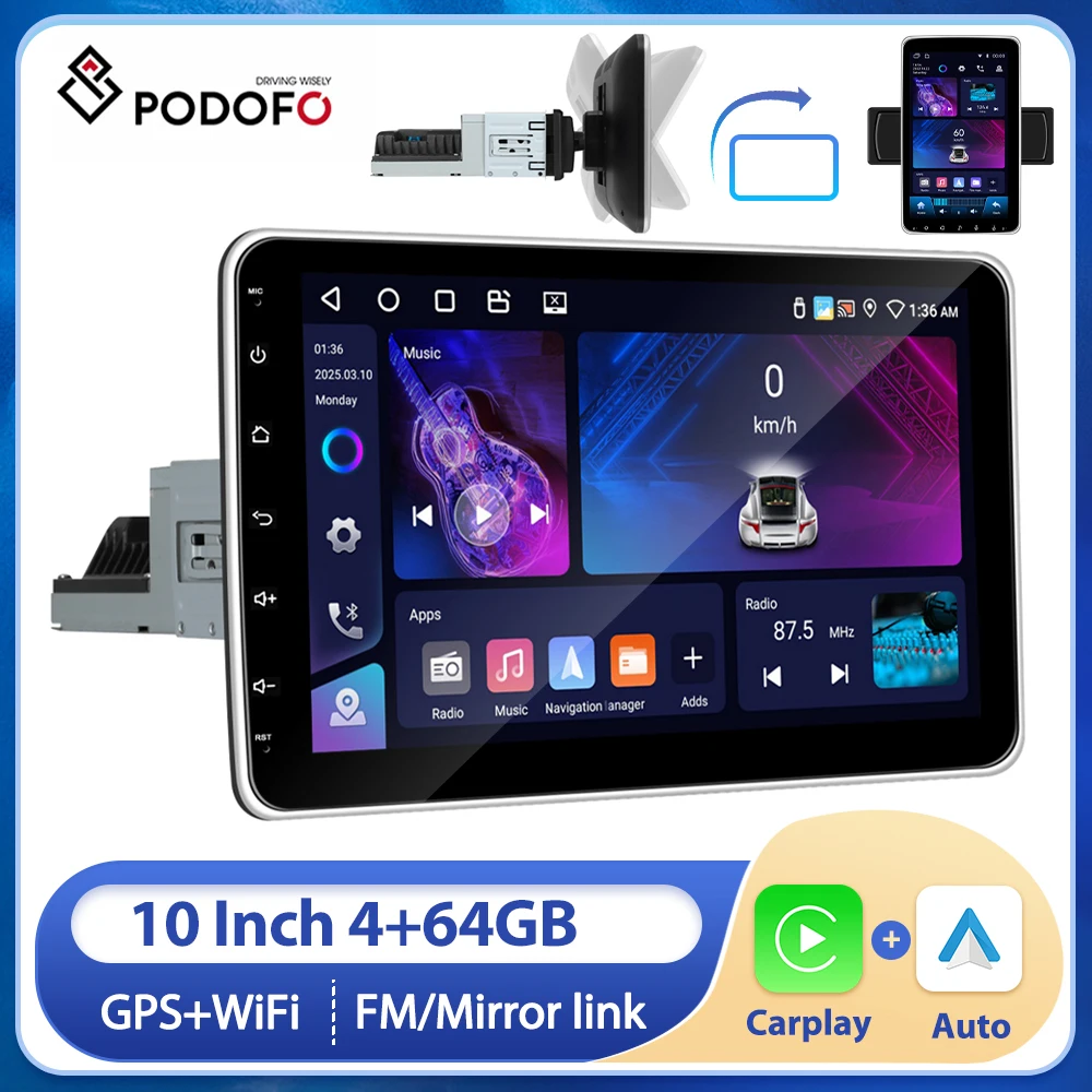 Podofo Wireless Carplay AndroidAuto Car Stereo Radio 10'' 4+64FB ...