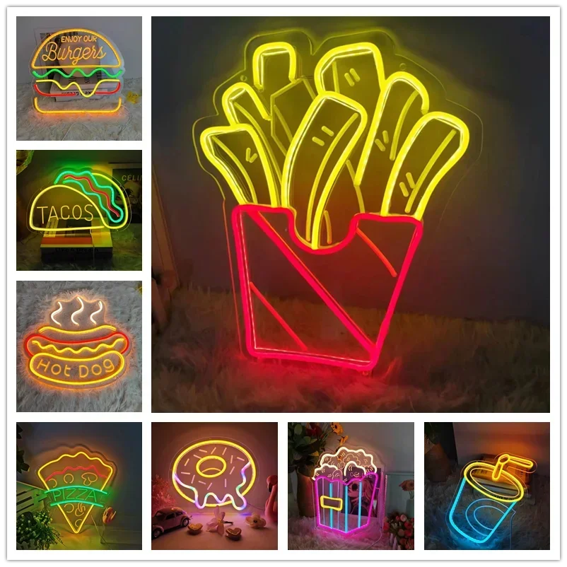Fries-Neon-Sign-Hot-Dog-Hamburger-Pizza-Cake-Donuts-LED-Neon-Lighting ...