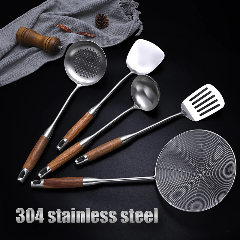304-Stainless-Steel-Wood-Handle-Wide-Fried-Fish-Spatulas-Steak-Shovel ...