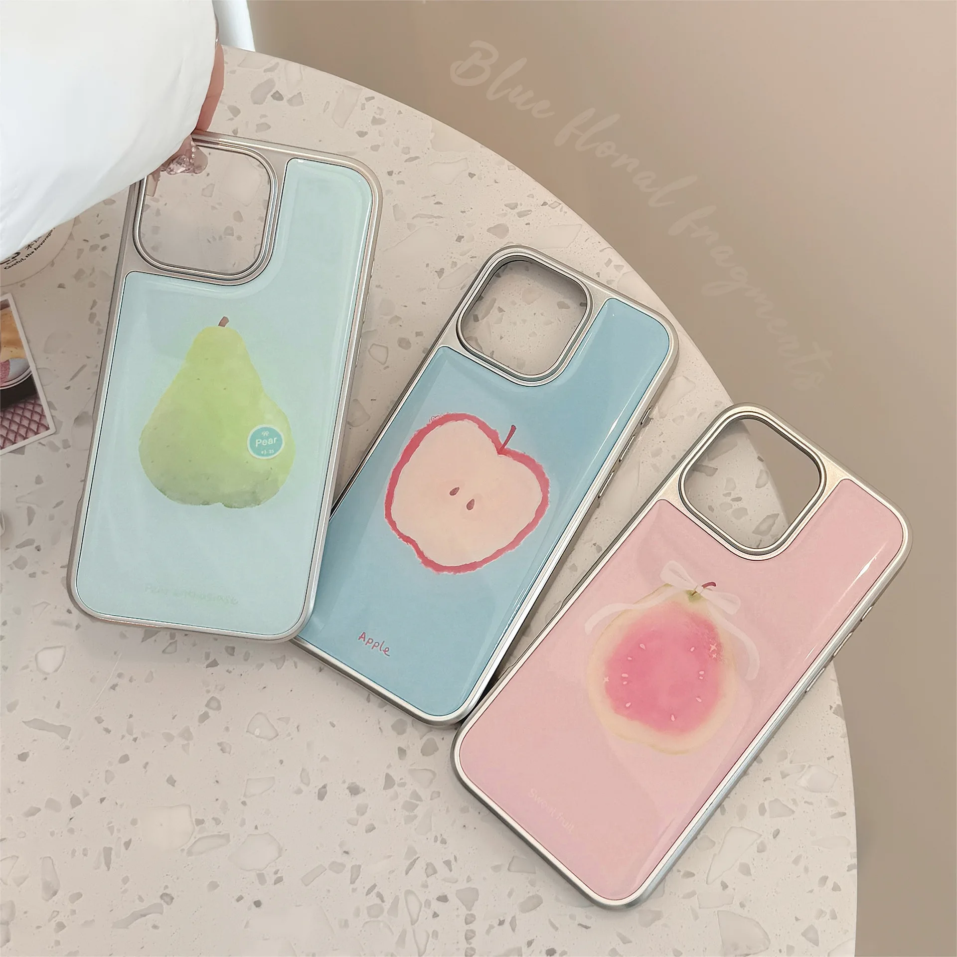 Korean Fruit Apple Pear Guava Drop Glue Silver Border Plating Phone ...