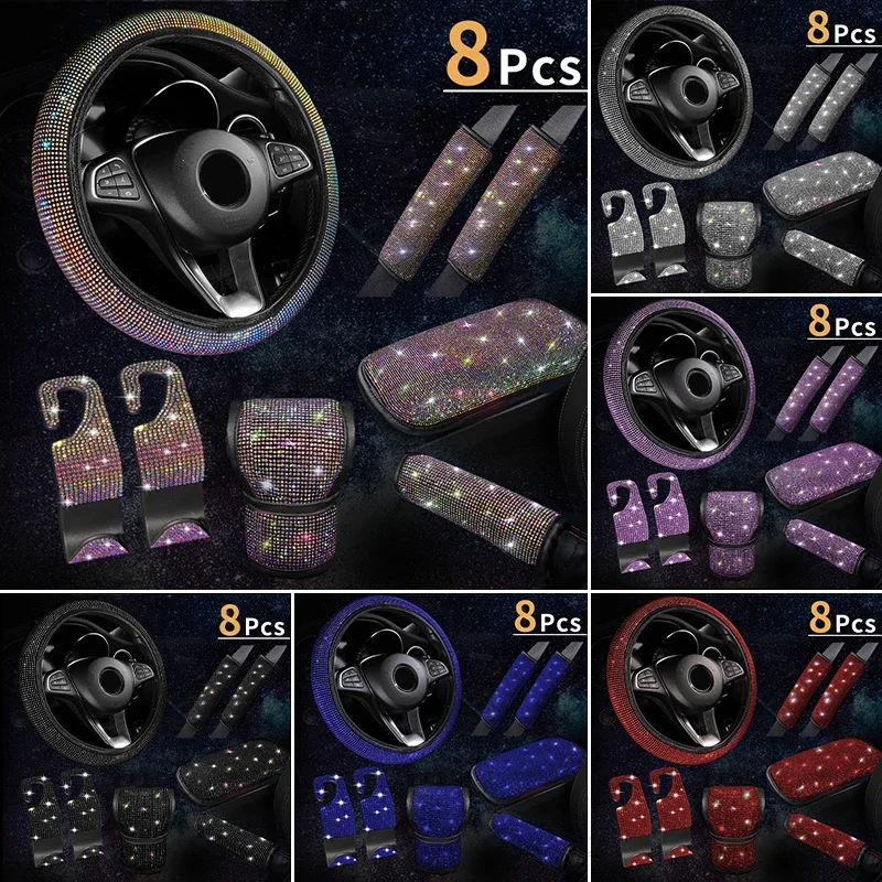 8Pcs-Bling-Car-Steering-Wheel-Cover-Auto-Shift-Handbrake-Cover-Seat ...