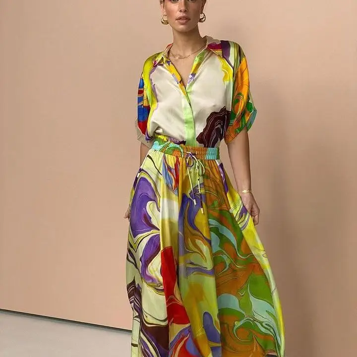 Fashionable-Summer-Silk-Printed-Women-Set-Dress-Loose-Short-Sleeves ...