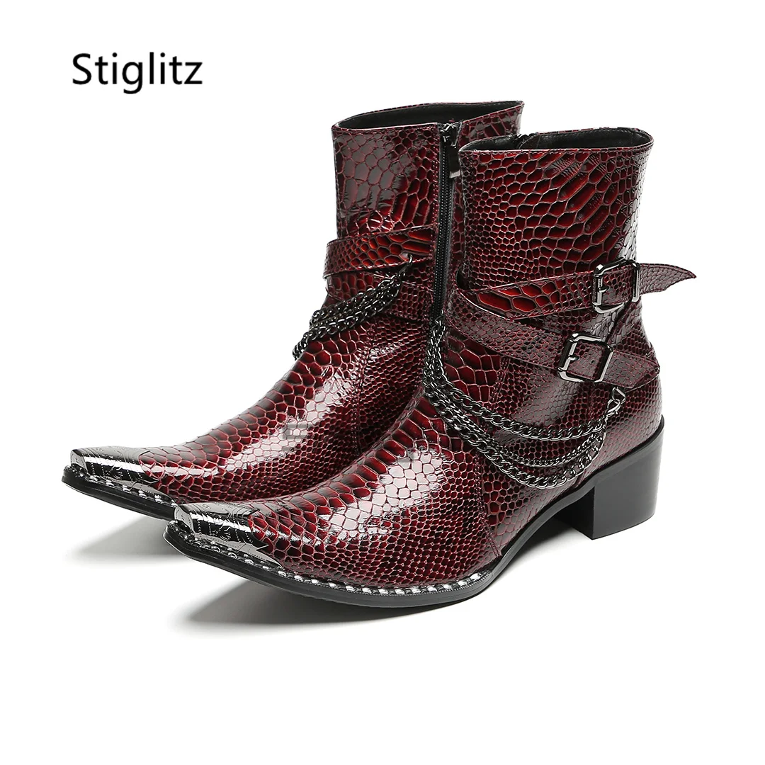 Men's Burgundy Chelsea Chain Boots High Heels Snake Pattern Belt Buckle ...