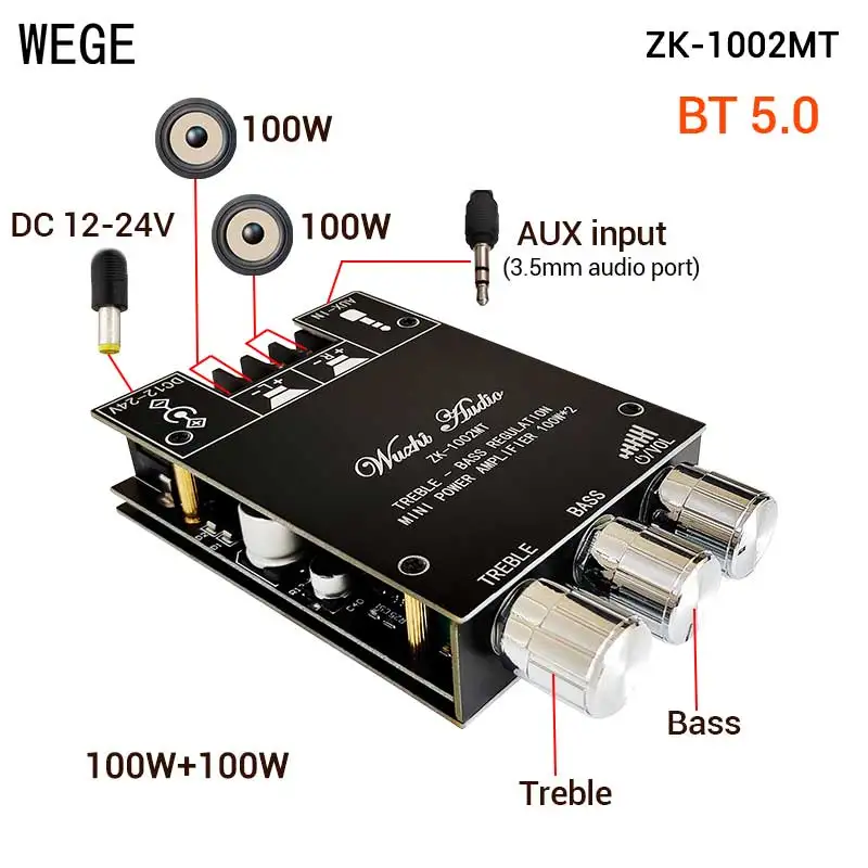 WEGE ZK-1002MT100W*2 Mini Dual Channel Audio Amplifier Board BT5.0 AUX ...