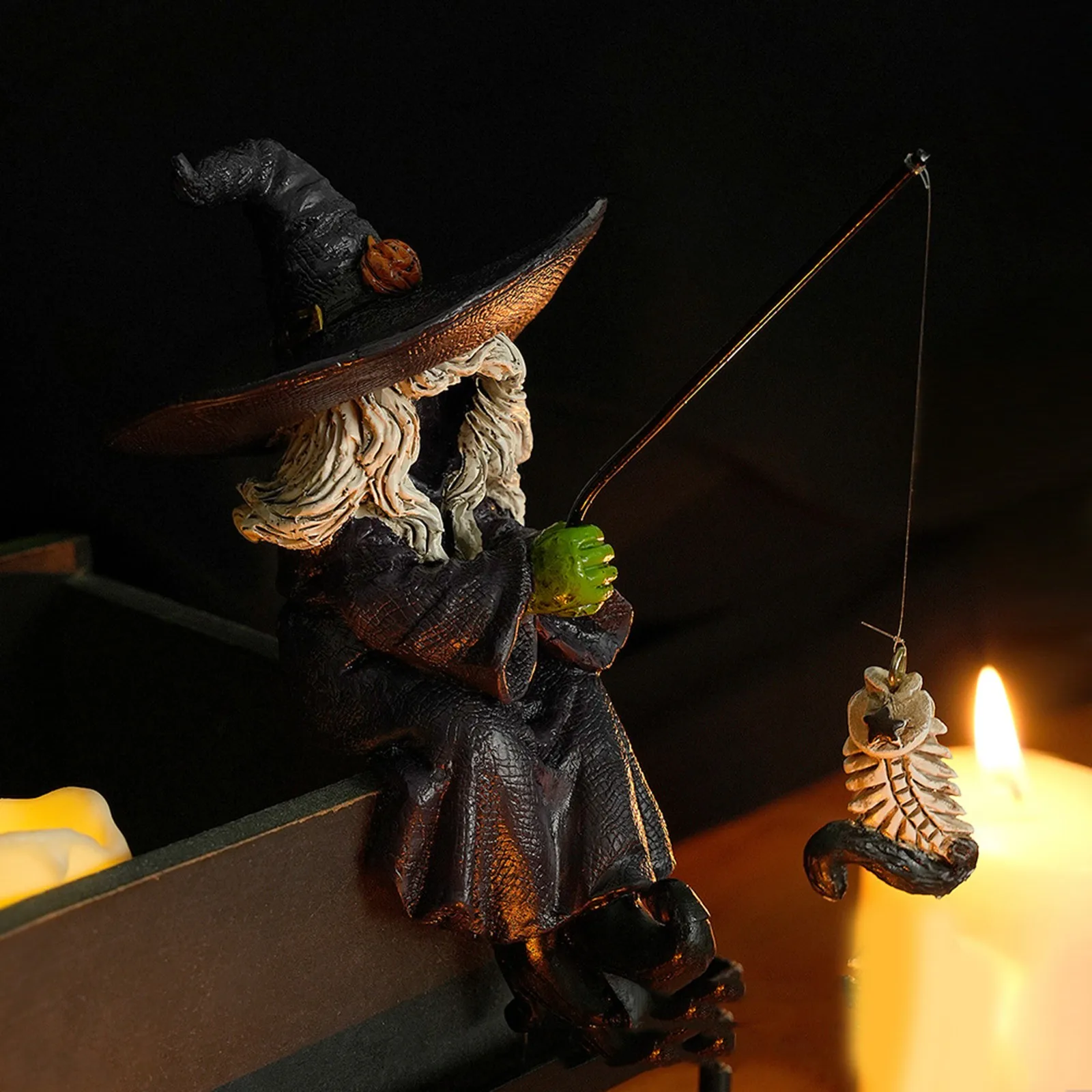 Halloween Witch Fishing Statue Spooky Home Decor Resin Craft Figurine ...