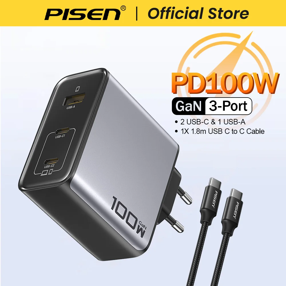 PISEN 100W GaN Charger 3-Port With 1.8m USB C to C Cable PD3.0 Quick ...