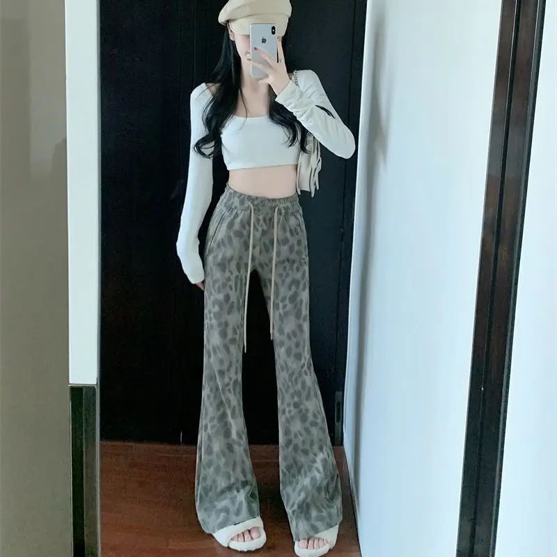 Hot Girl Leopard Print Bootcut Casual Pants for Women Slim High-waisted ...