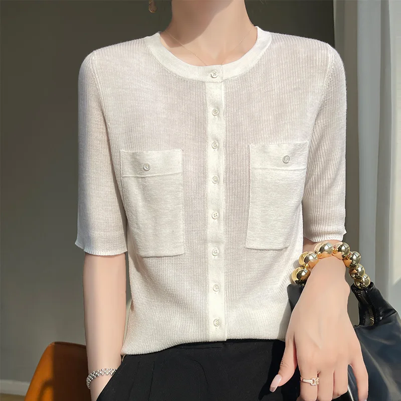 Women-s-Summer-Round-Neck-Solid-Color-Fashion-Slim-Fit-Fine-Imitation ...