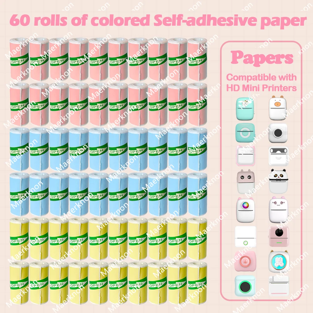 60-Rolls-Mini-Printer-Adhesive-Paper-Colored-Self-adhesive-Printing ...