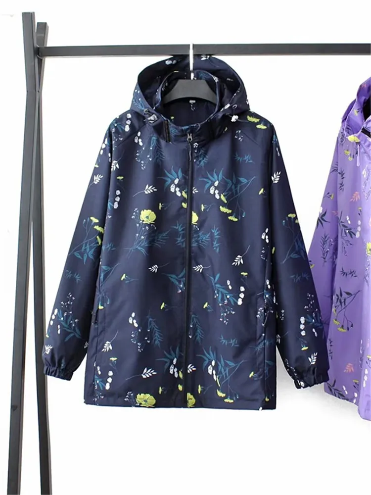Plus Size Women's Long Sleeve Hooded Windbreaker Zippered Printed Thick ...
