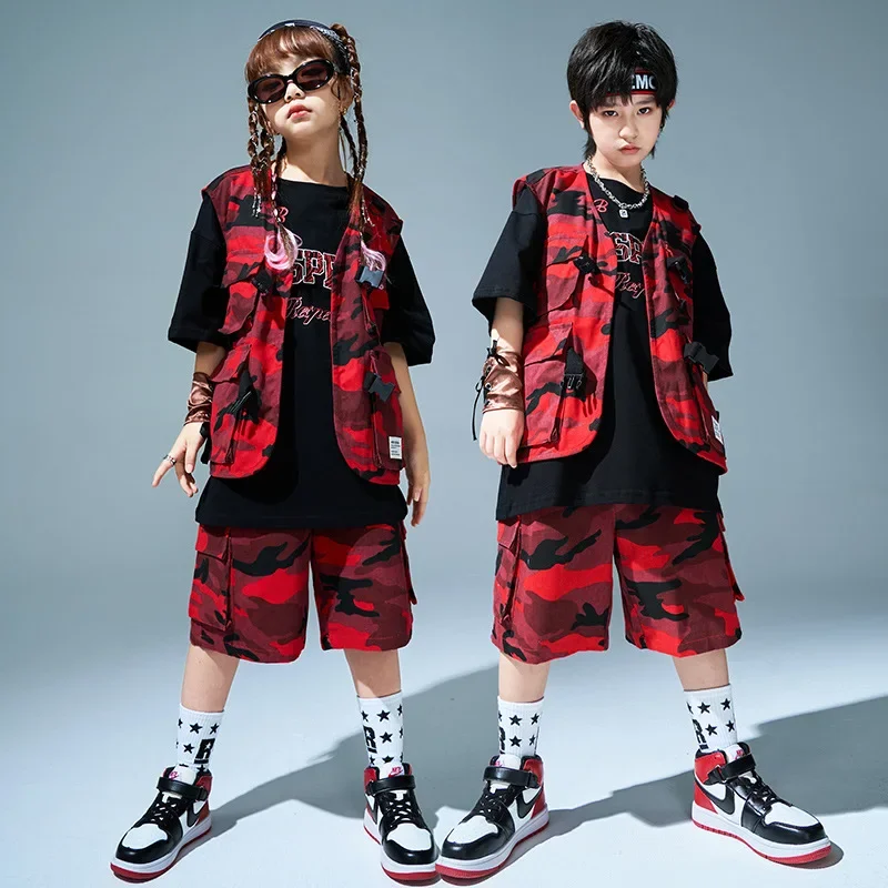 Children-Jazz-Modern-Dance-Costumes-for-Kids-Red-Camo-Vest-Shorts-Hip ...