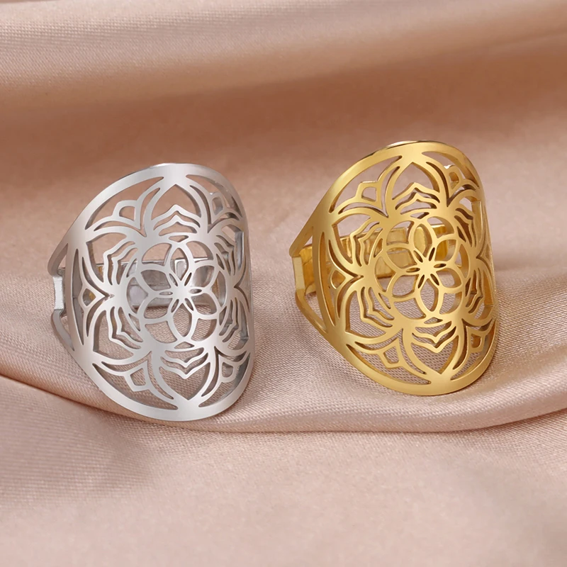 LIKGREAT-Mandala-Yoga-Adjustable-Rings-New-Stainless-Steel-Lotus-Flower ...