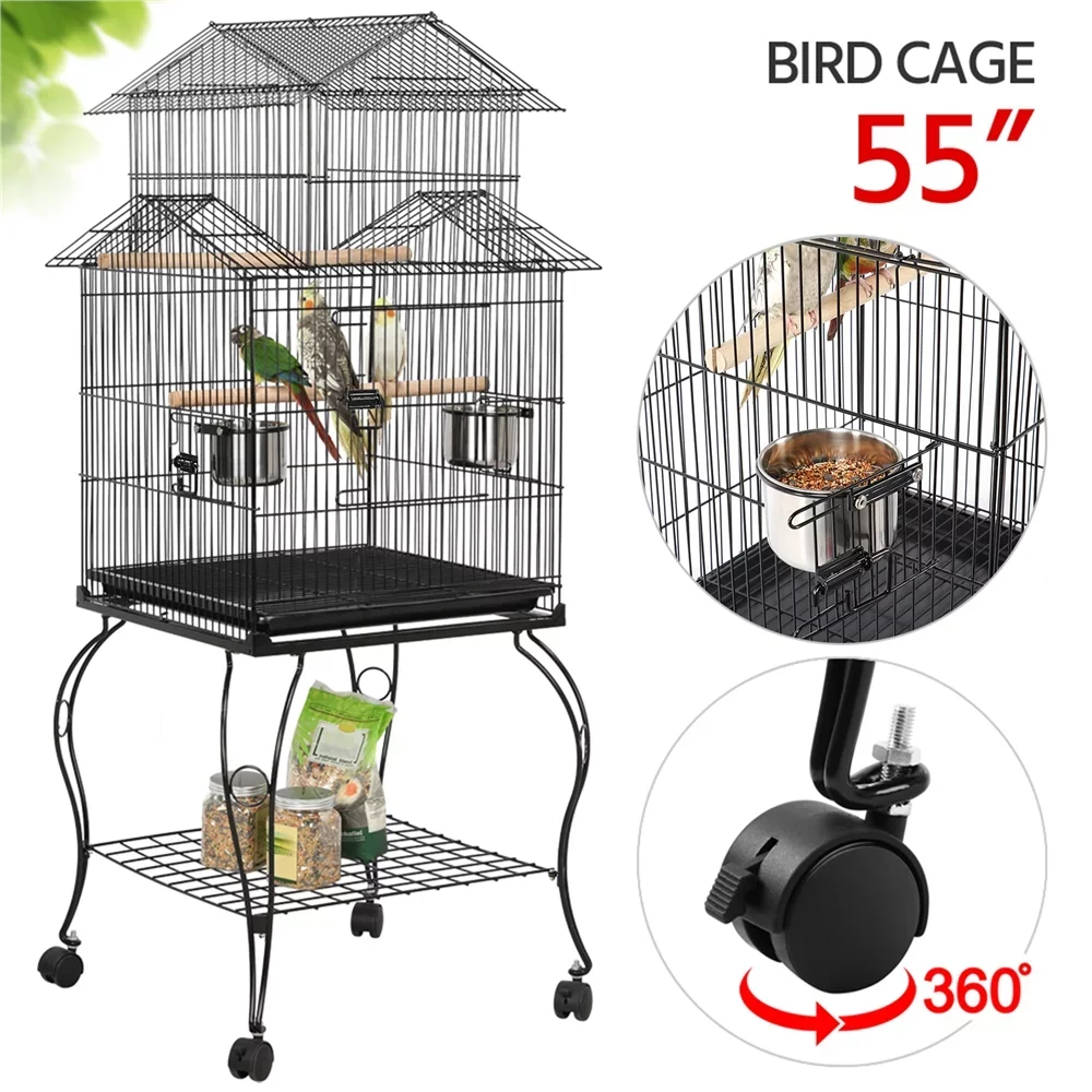 Large-Metal-Rolling-Bird-Cage-Parrot-Aviary-Canary-Pet-Perch-with-Stand ...