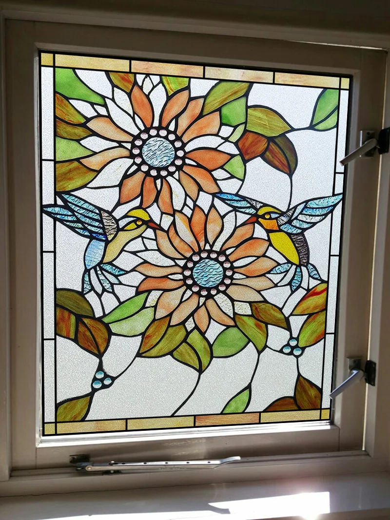 Customized-Frosted-Stained-Glass-Window-Film-SunFlower-Hummingbird ...