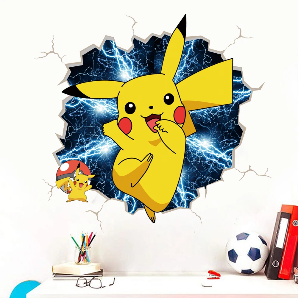 3D Broken Wall Cartoon Pikachu Wall Sticker For Kids Room Living Room ...