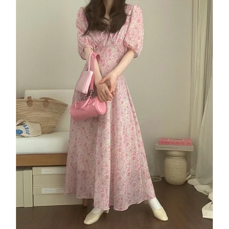 프랑스 스타일 차 휴식 꽃 무늬 드레스 여성 여름 짧은 소매 허리 포옹 슬리밍 기질 V Neck 긴 드레스 부드러운 요정 스커트