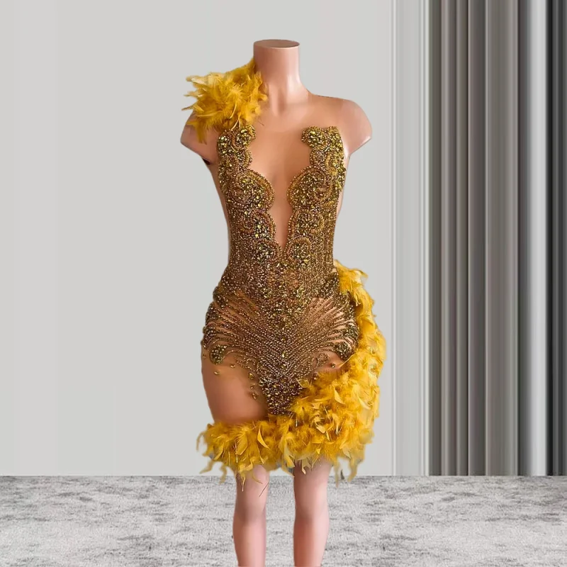 Gold-Feather-Short-Prom-Dresses-For-Black-Girls-Sheer-Crystals-African-American-Birthday-Party ...