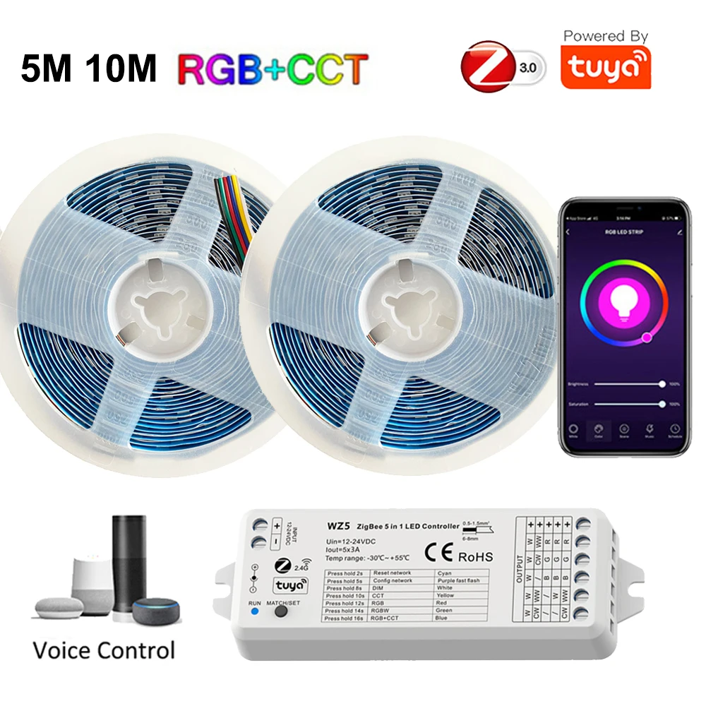 5M 10M Tuya Zigbee RGB+CCT Led Strip 12V 24V 5050 RGBCW Flexible Dimmable Light Smart Life APP ...