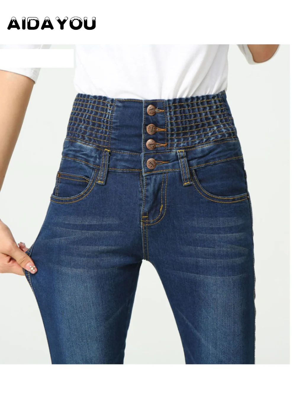 Button Fly High Waisted Jeans for Women Autumn Winter Button Elastic ...