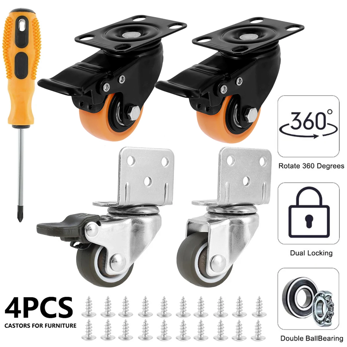 4Pcs 1/1.25/2 In Furniture Castors Universal Swivel Casters with Safety ...