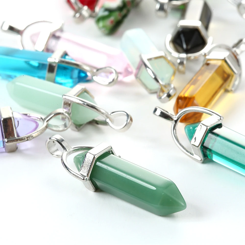 24pcs-Color-Mixing-Natural-Stone-Hexagonal-Pillar-Pendant-Crystal-Glass ...