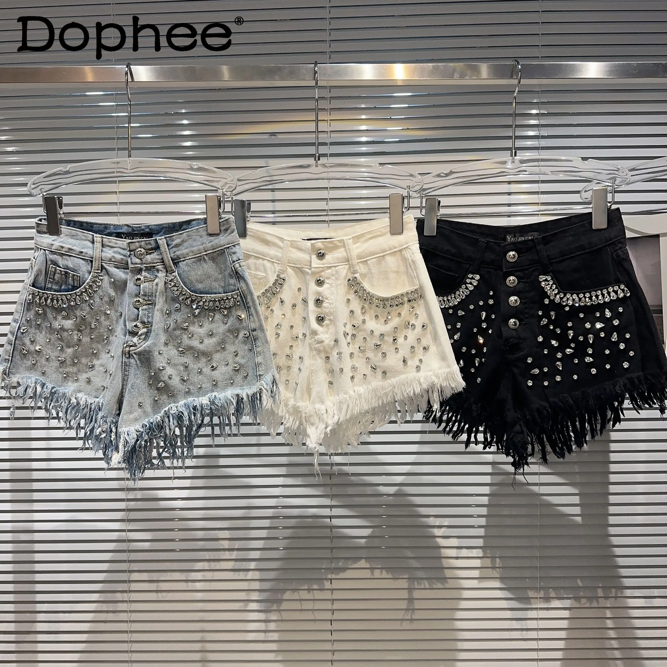 Shorts jeans azul com bordas frisadas de strass feminino, calça casual ...