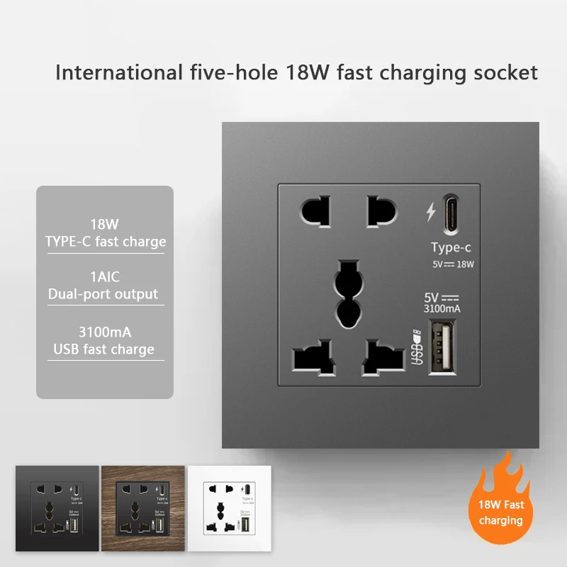 Universal-Intelligent-18W-Quick-charge-USB-C-Wall-Dual-5-pin-socket ...