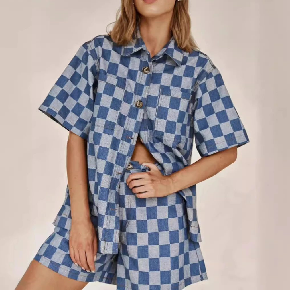 Shorts Pant Set Women Two Piece Sets Denim Splice Matching Sets Half ...