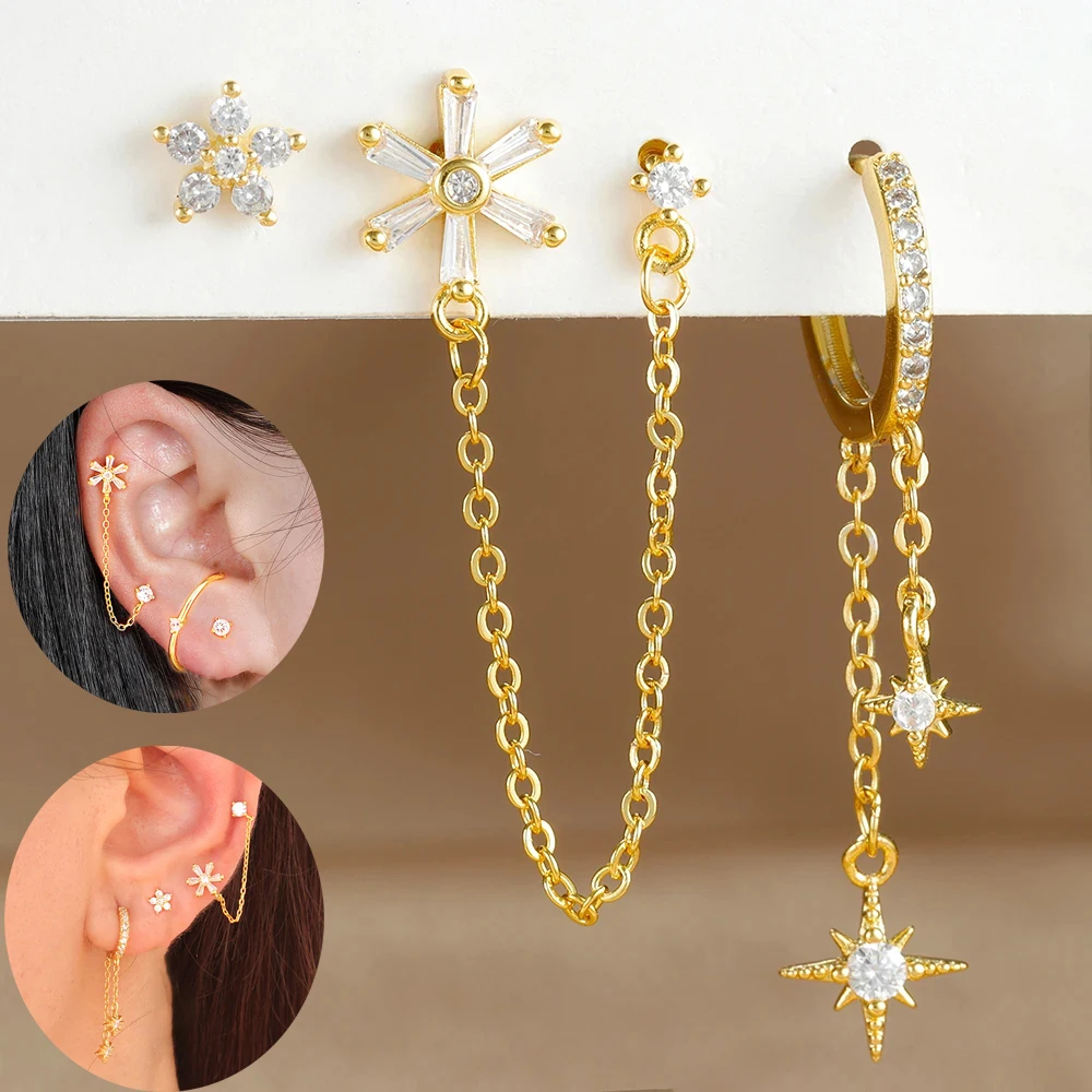 3pcs Fashion Gold Color Chain Zircon Hoop Earrings Set for Women 18K ...