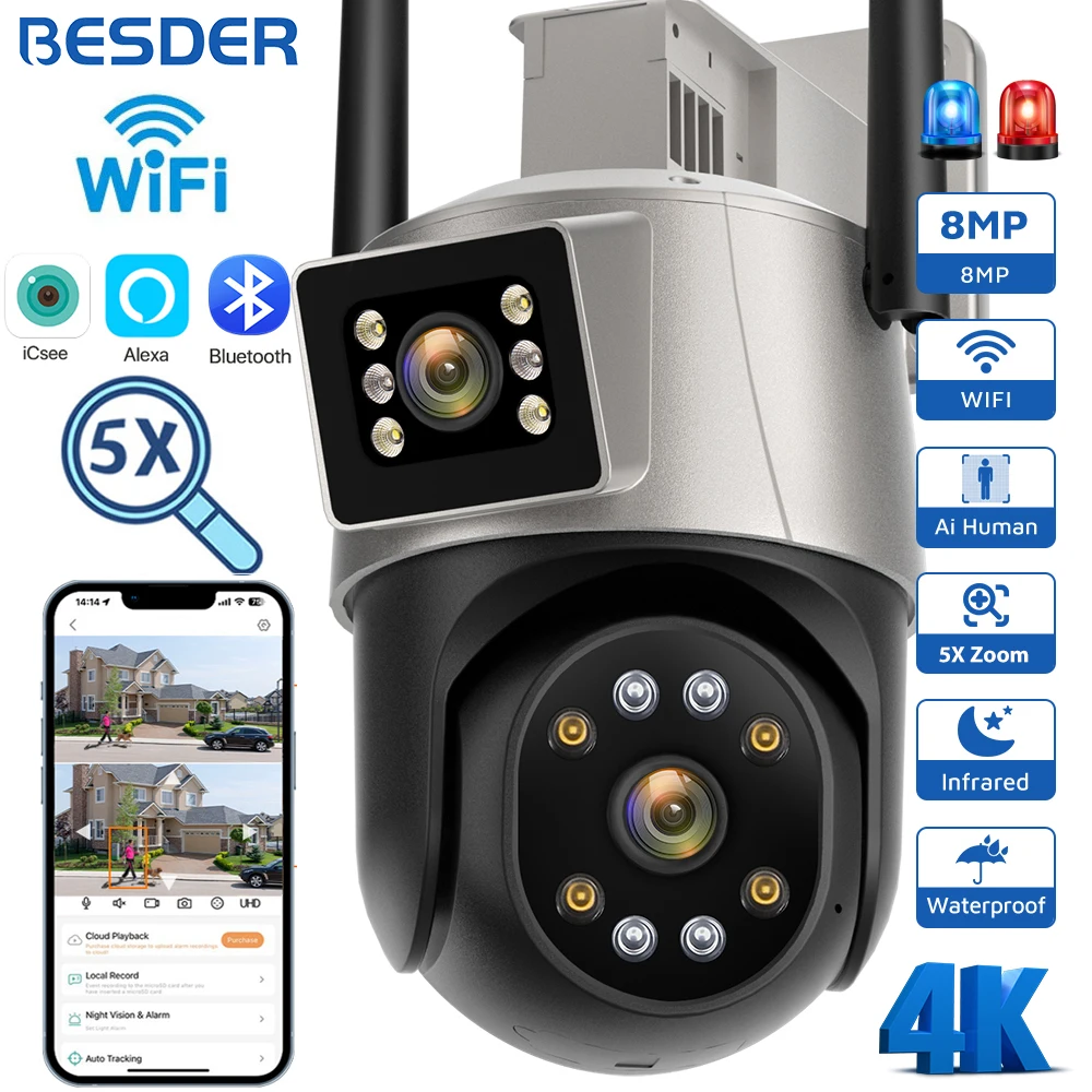 BESDER 8MP 4K Wifi Camera Outdoor PTZ Dual Screens Night Vision Human ...
