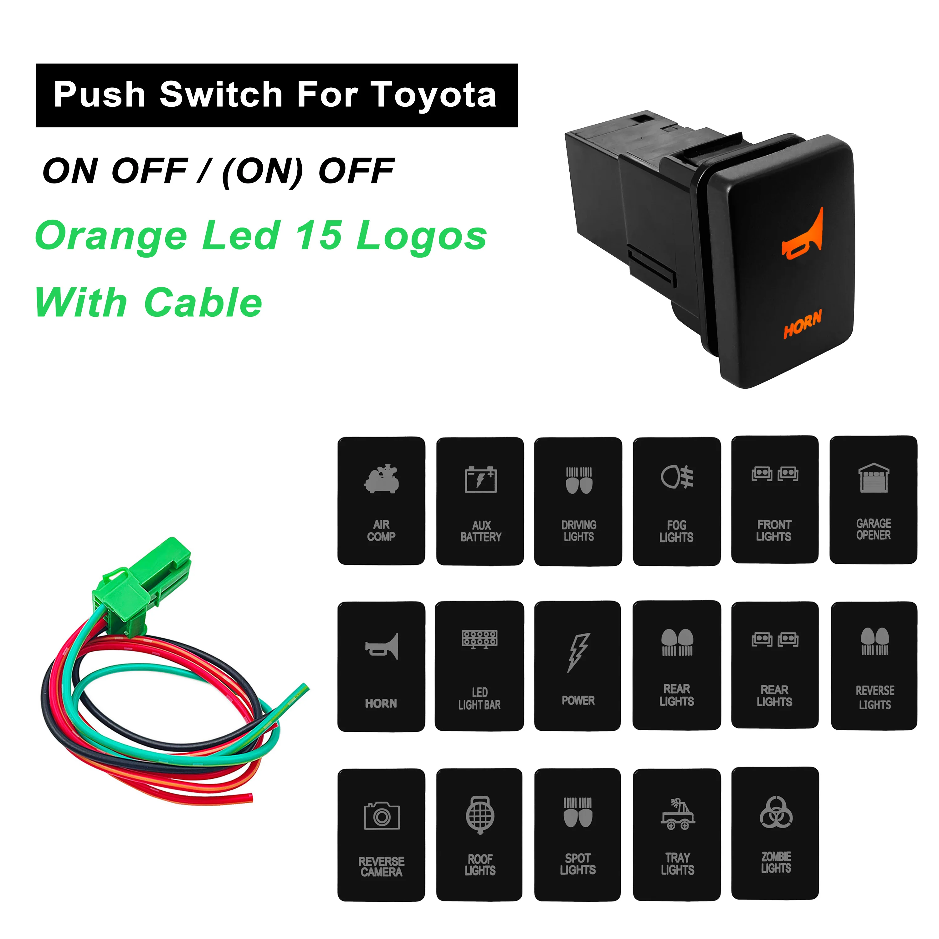 12V Car Push Button Switch With Cable Connector Orange Led Light bar ...