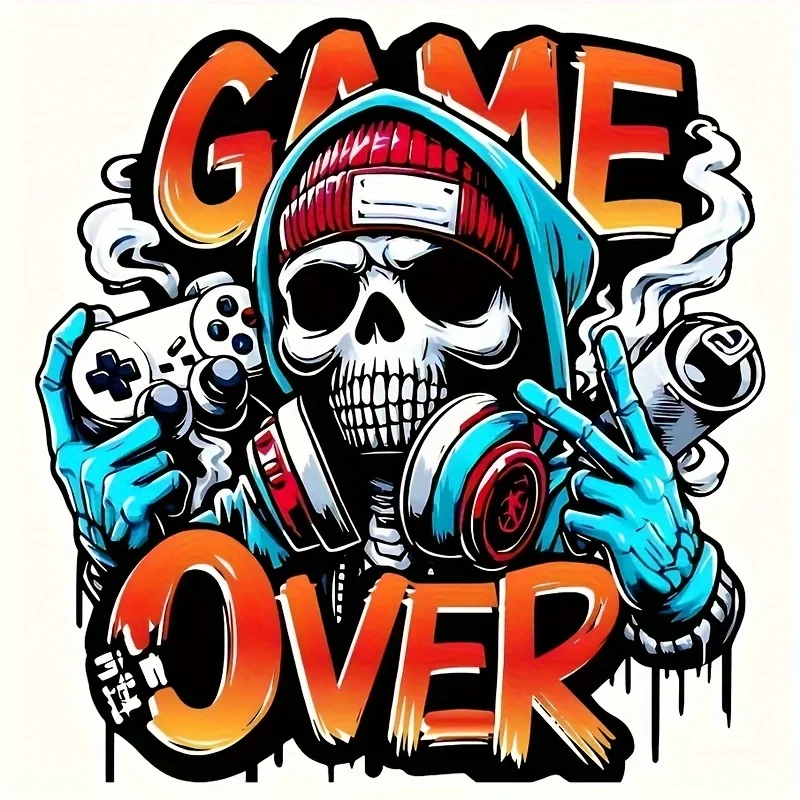 1PC GAME OVER Skull Stickers (Game Controller Headphones) Orange Blue ...