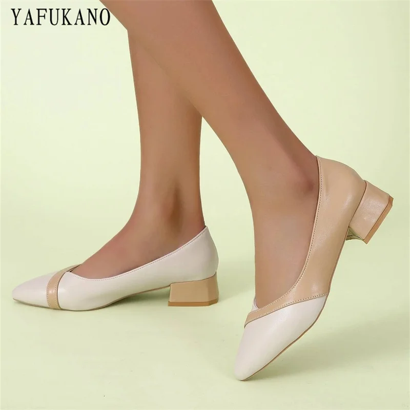 Two Tone Point Toe Chunky Heeled Pumps Fashion Mid Heel Shallow Mouth ...