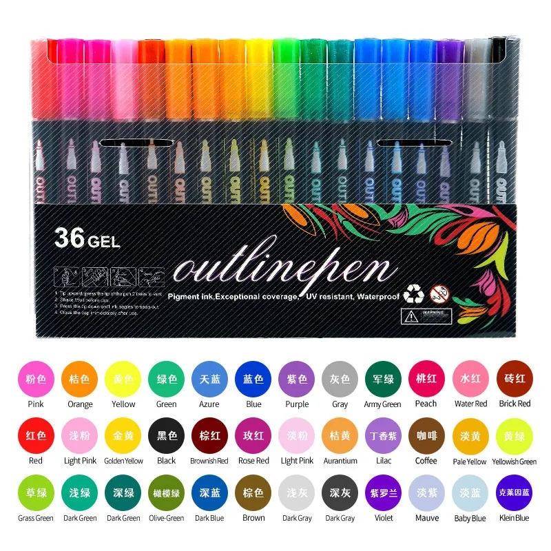 36-Colors-Double-Line-Outline-Pens-Self-Outline-Metallic-Markers ...