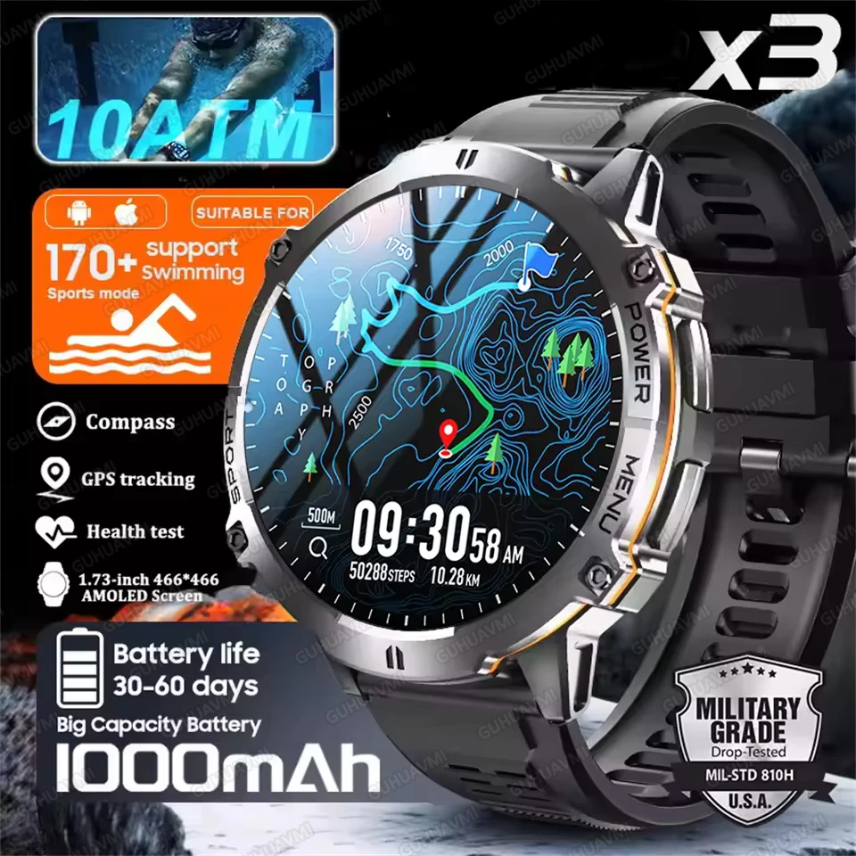 2025 New Military Swim Smartwatch 1000mAh large Battery Compass GPS ...
