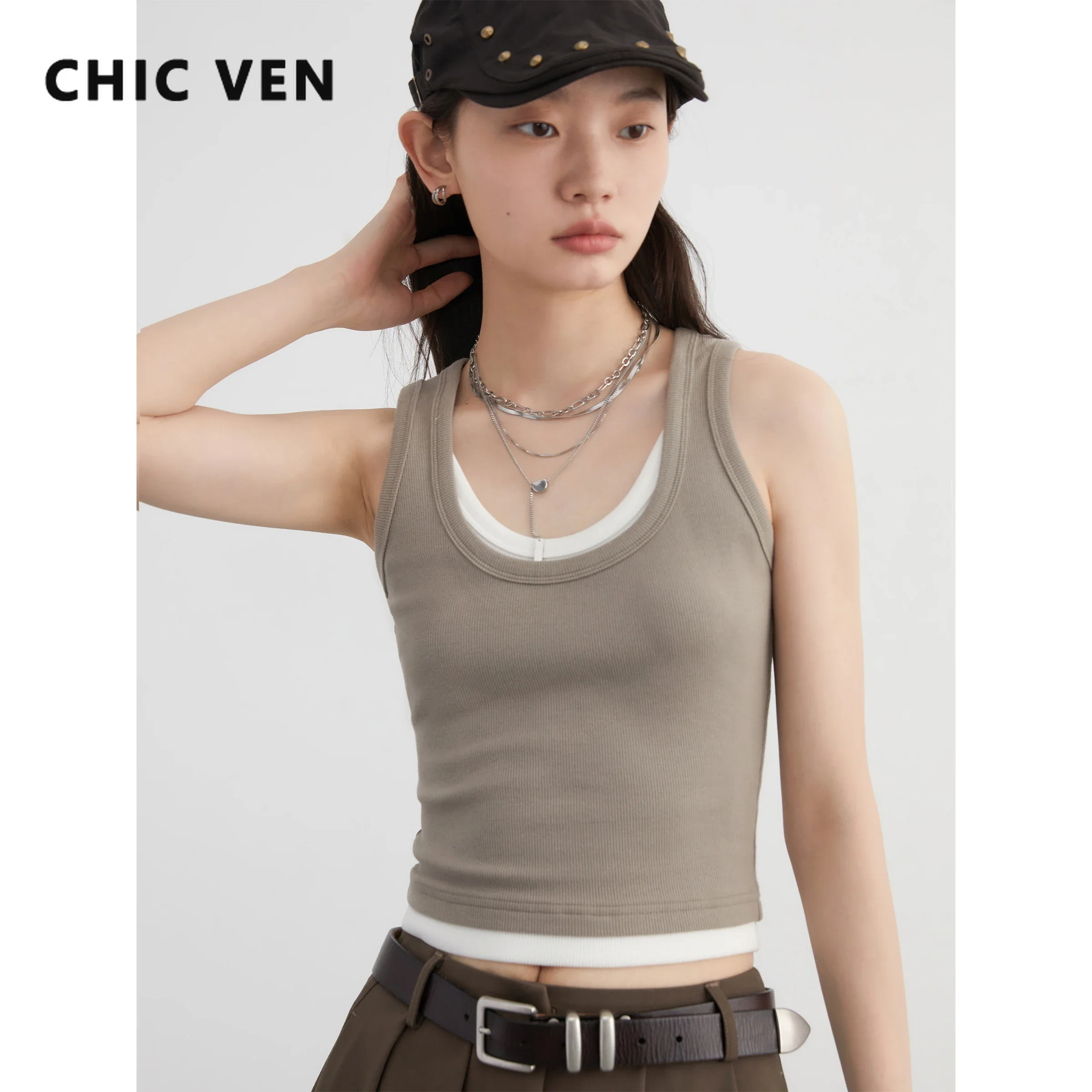 CHIC-VEN-Women-Tanks-Casual-U-neck-Contrasting-Color-Splicing-Female ...