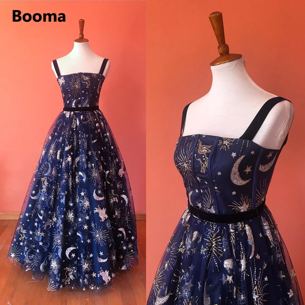 Booma Glitter Navy Blue Constellation Tulle Maxi Prom Dresses Spaghetti ...
