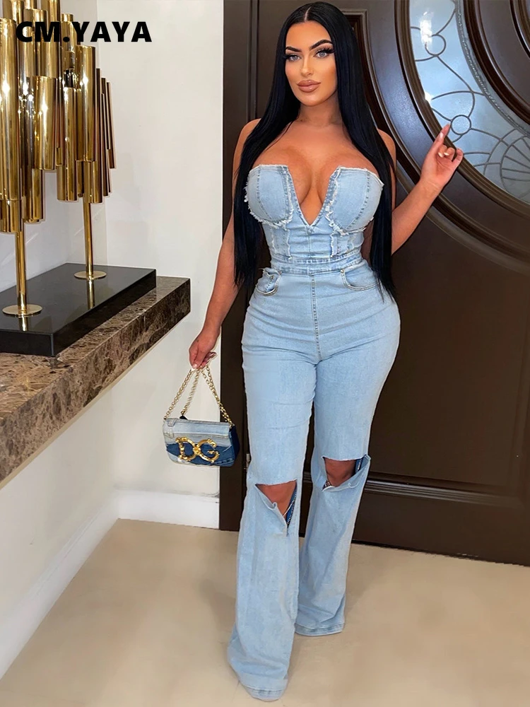 CM-YAYA-Fashion-Women-Sleeveless-Strapless-Ripped-Out-Wide-Leg-Flare-Denim-Jumpsuit-2023-Jean ...