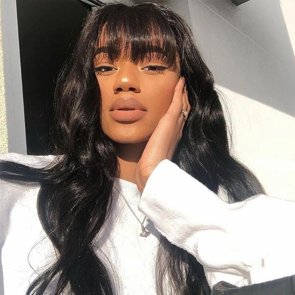 Liso cabelo humano peruca com franja onda do corpo perucas brasileiras ...