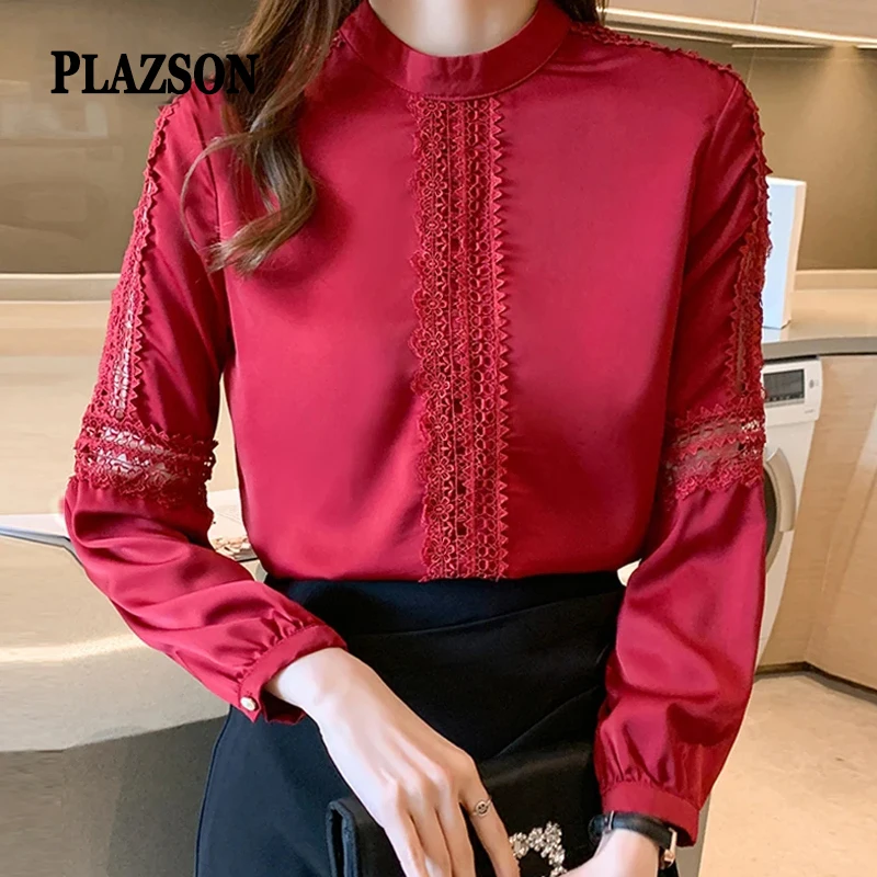 Luxury-Red-Satin-Women-Blouses-Pullover-Top-Fall-Long-Sleeve-Elegant ...