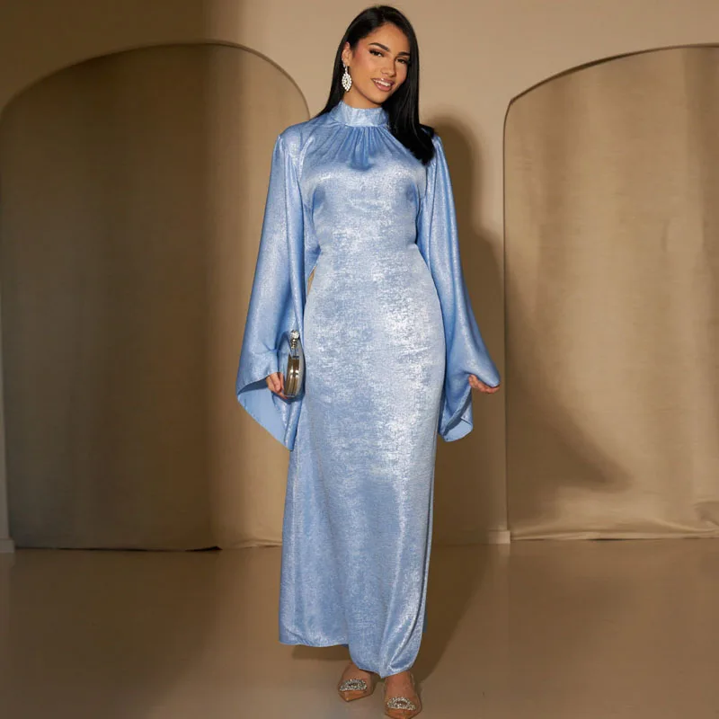 Women Bodycon Abayas Maxi Silky Dress Eid Mubarak Dubai Belt Muslim ...