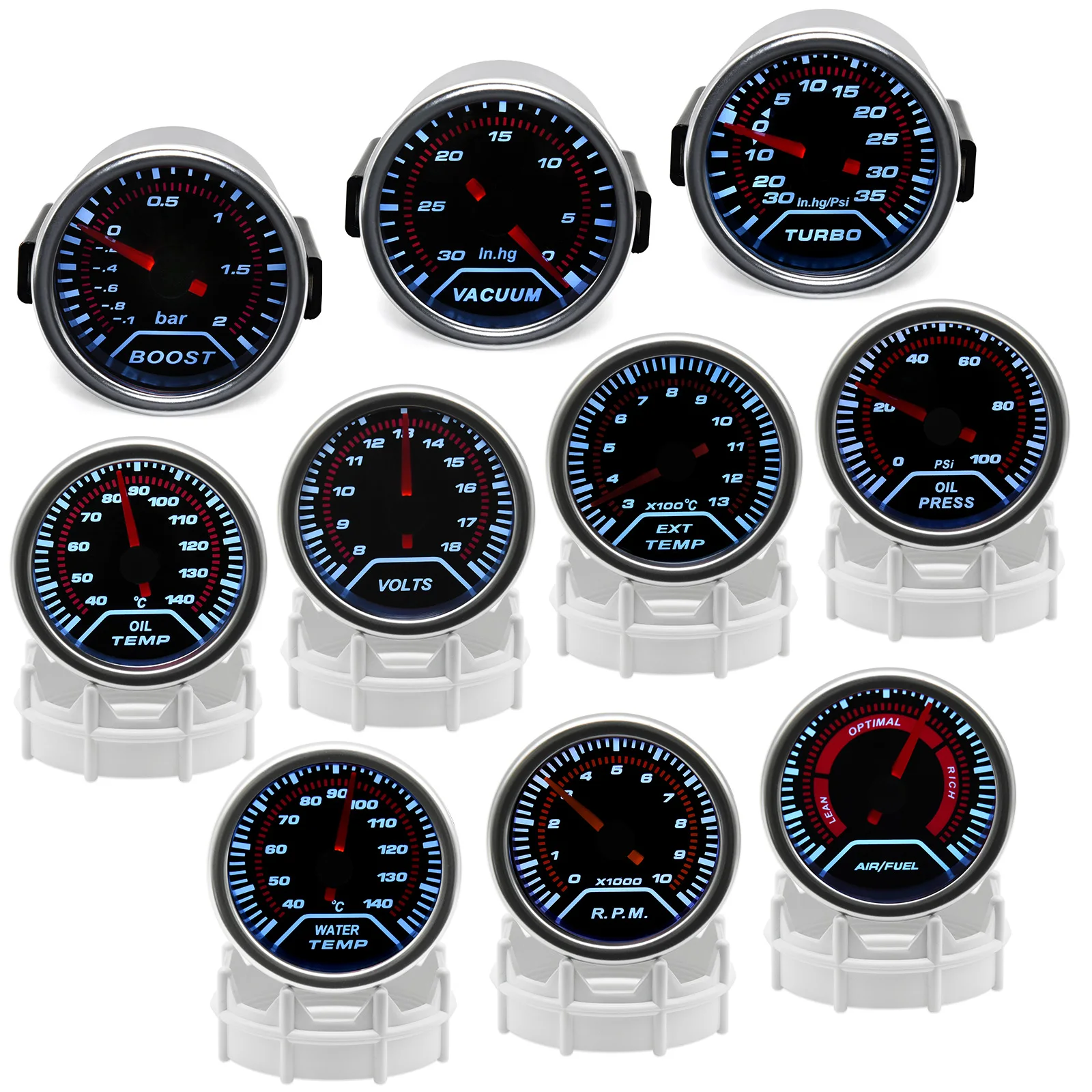 2-52mm-Universal-12V-LED-Smoke-Len-1-0-2-BAR-Turbo-Boost-Gauge-Meter ...